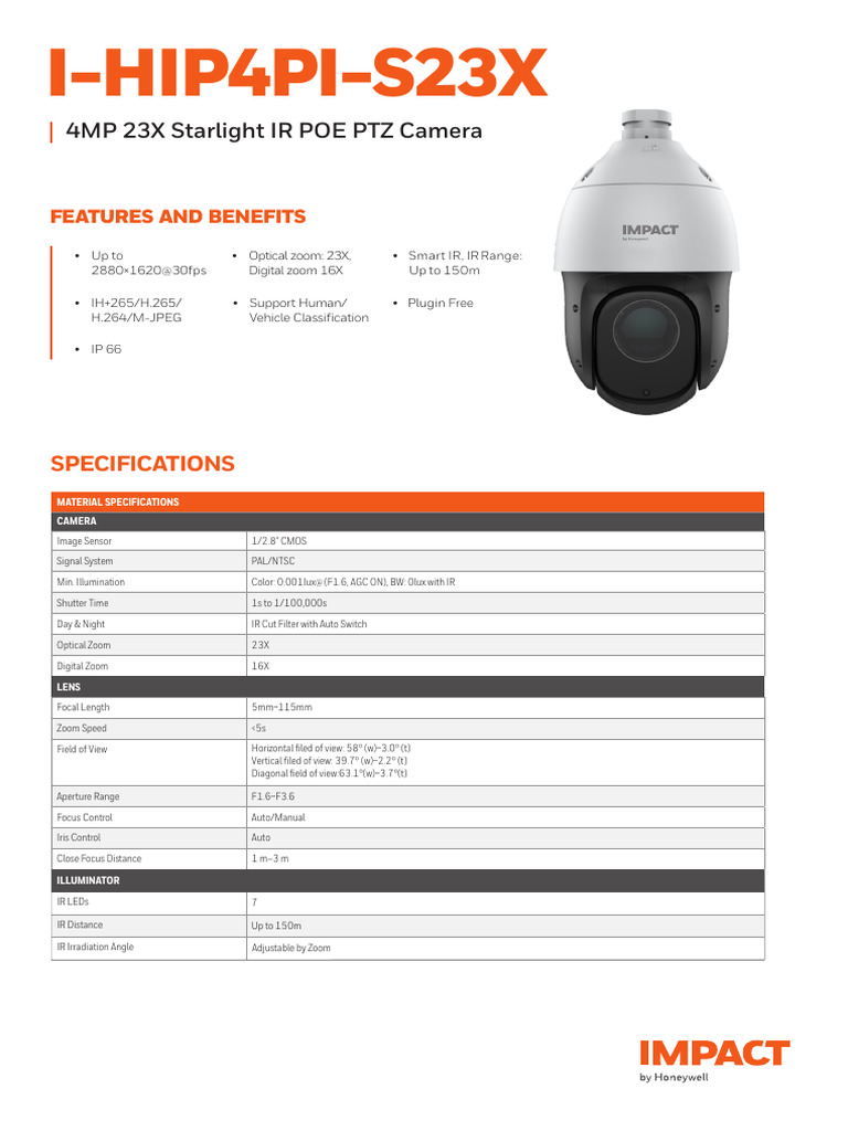 Hon-PTZ-4MP-I-HIP4PI-S23X-Datasheet Final | PDF | Zoom Lens | Camera