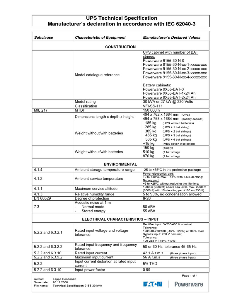 UPS Technical Specs: Powerware 9155-30 kVA | PDF | Electromagnetism ...