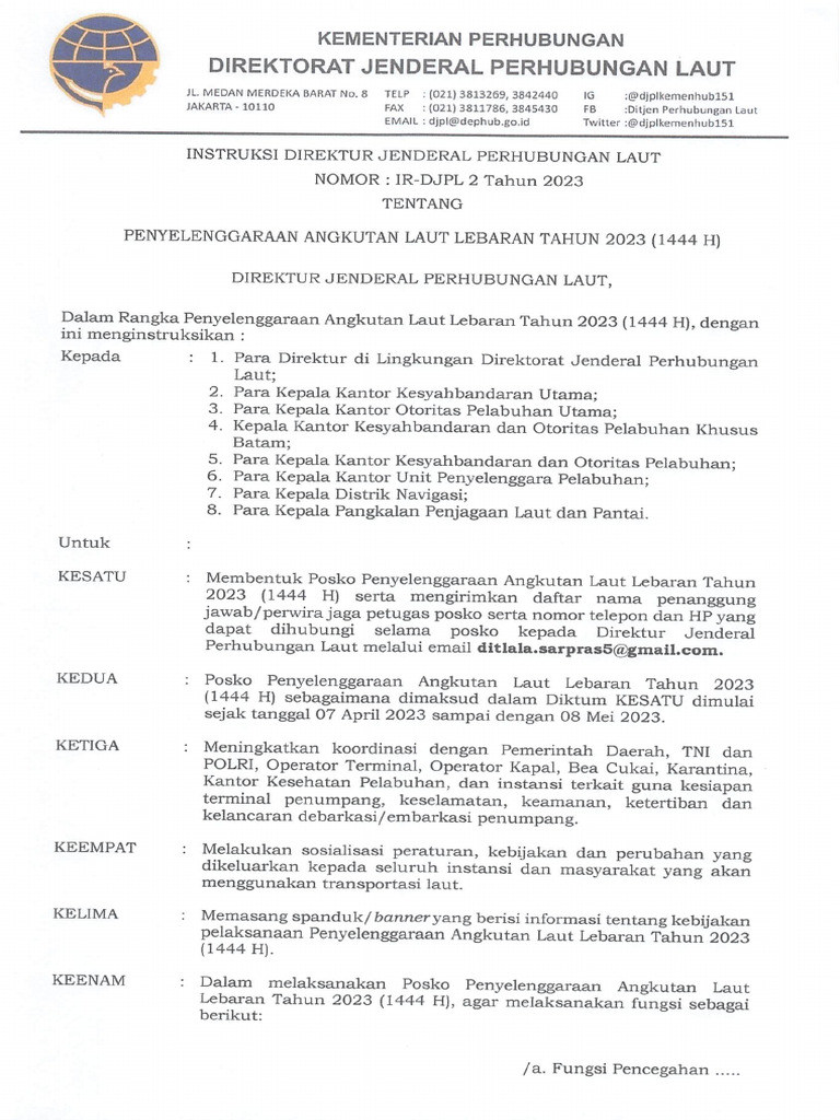 Instruksi Dirjen Hubla No 2 THN 2023 Angkutan Laut Lebaran 2023 | PDF