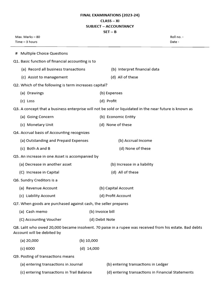 Final Question Paper Accountancy (2023-24) | PDF
