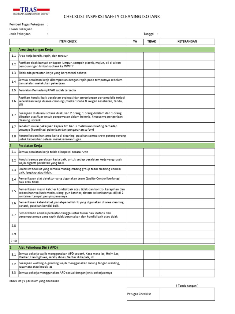 Form Check List Safety Area Cleaning Isotank | PDF