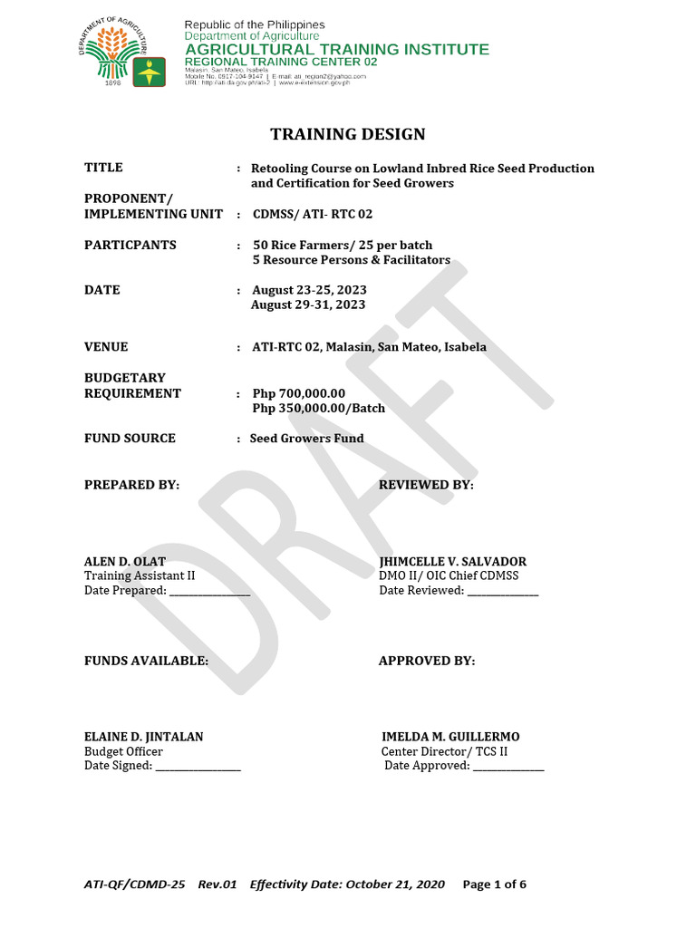 Training Design Retooling Course of SG | PDF | Rice | Personal Computers