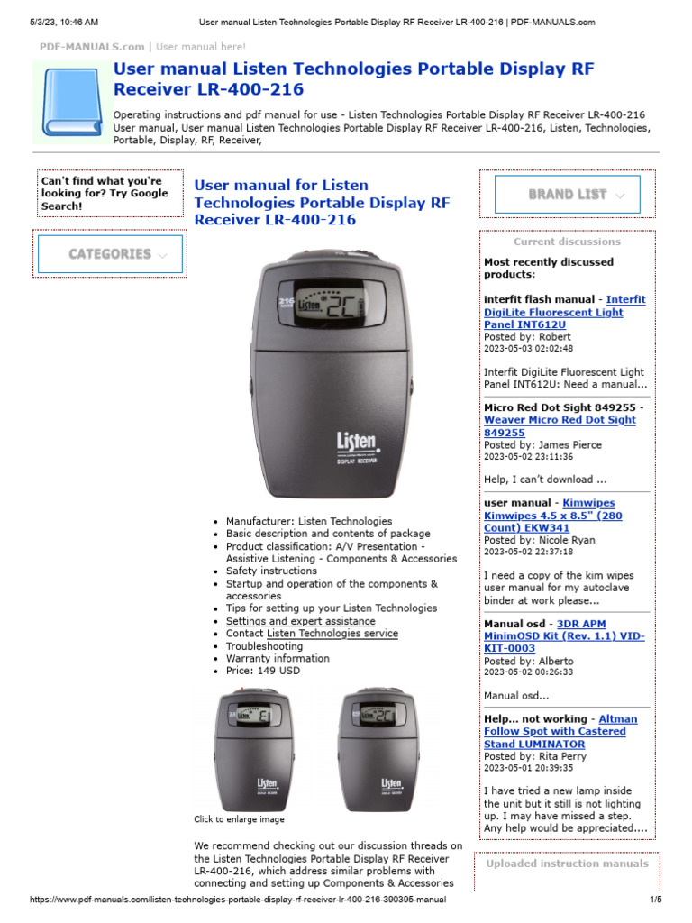 User Manual Listen Technologies Portable Display RF Receiver LR-400-216 ...