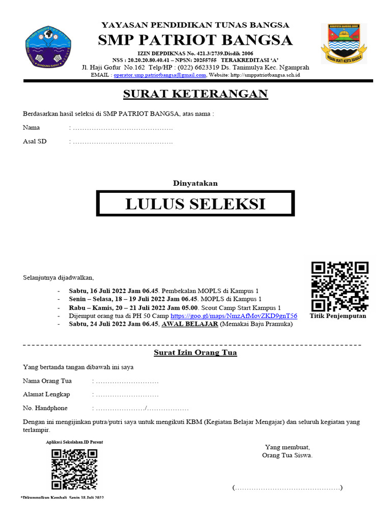 Surat Keterangan Lulus PPDB 2022-2023 SMP | PDF