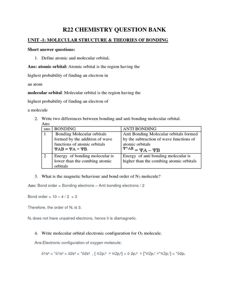 CHEMISTRY QUESTION BANK-R22 With Ans | PDF