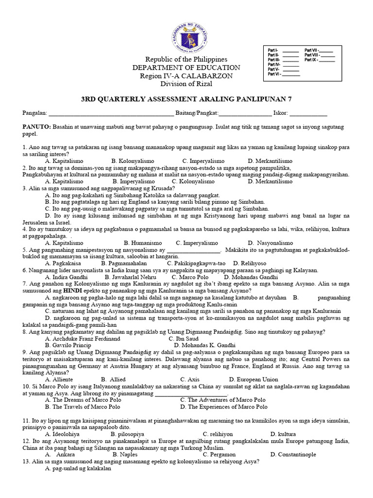 3rd Quarterly Examination AP7 | PDF