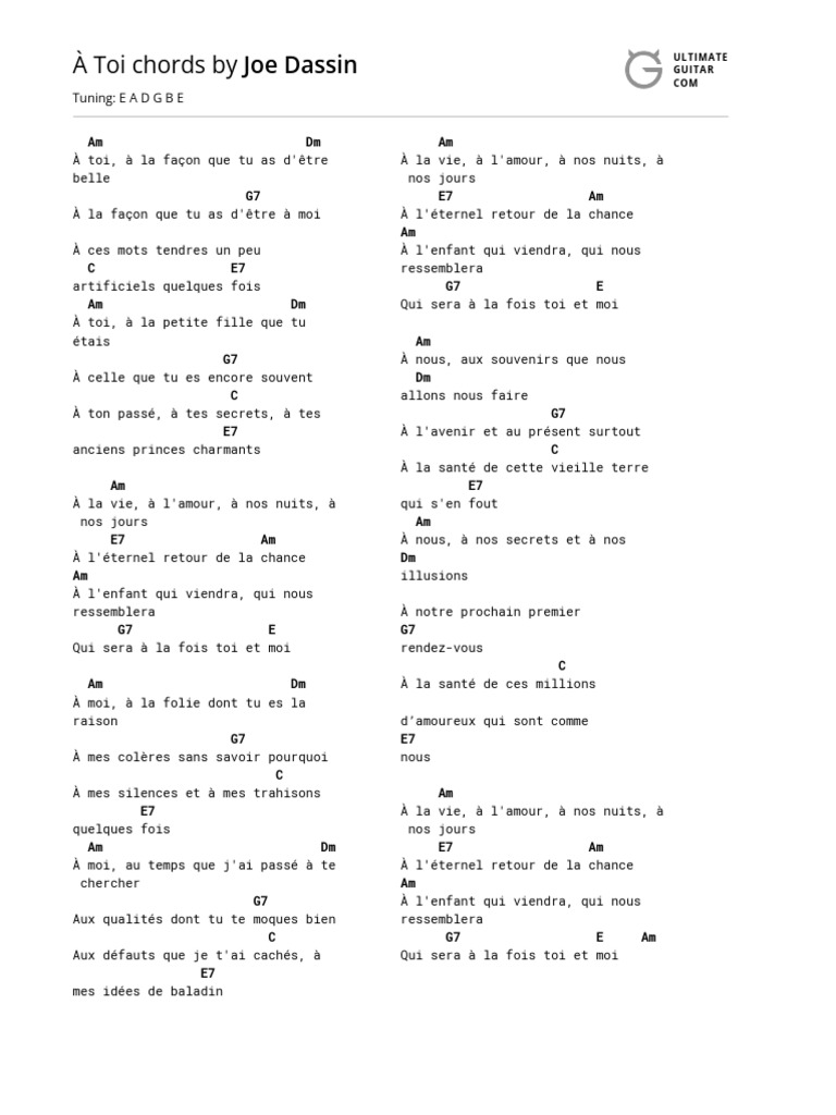 À Toi Chords by Joe Dassin at Ultimate Guitar Archive | PDF