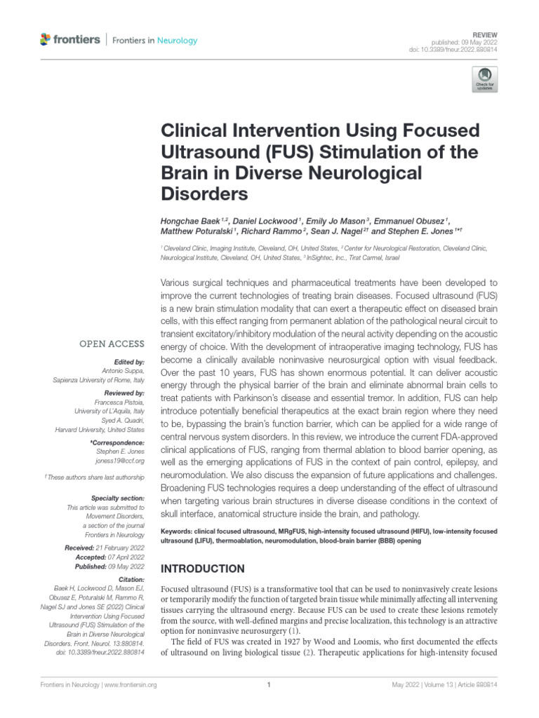 Clinical Intervention Using Focused Ultrasound (FUS) Stimulation of The ...