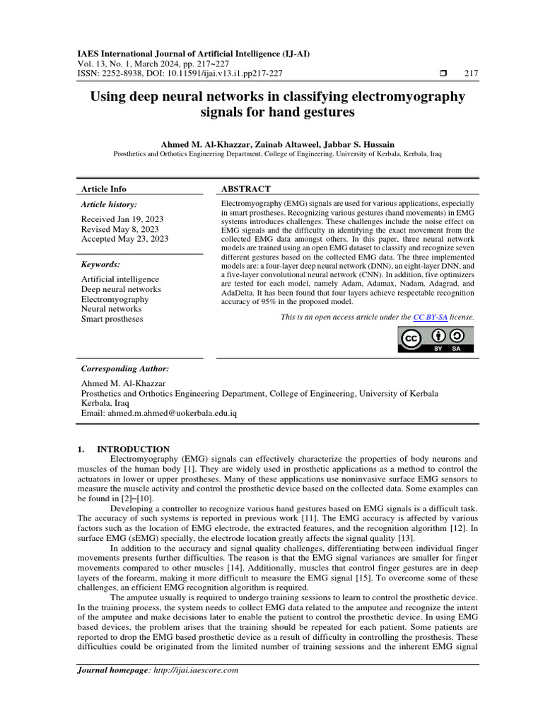 Using deep neural networks in classifying electromyography signals for hand gestures | PDF