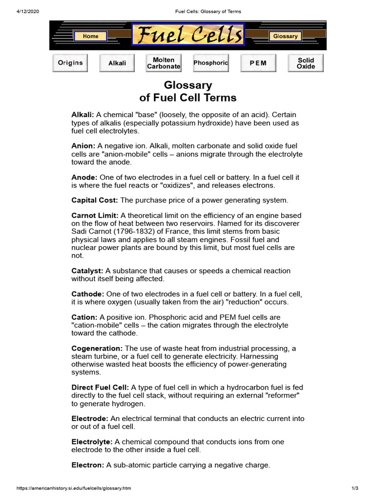 Fuel Cells - Glossary of Terms | PDF | Fuel Cell | Electrolyte