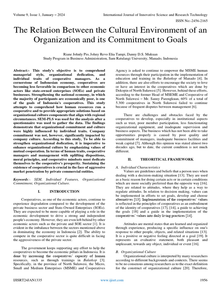 The Relation Between The Cultural Environment of An Organization and Its Commitment To Goals ...