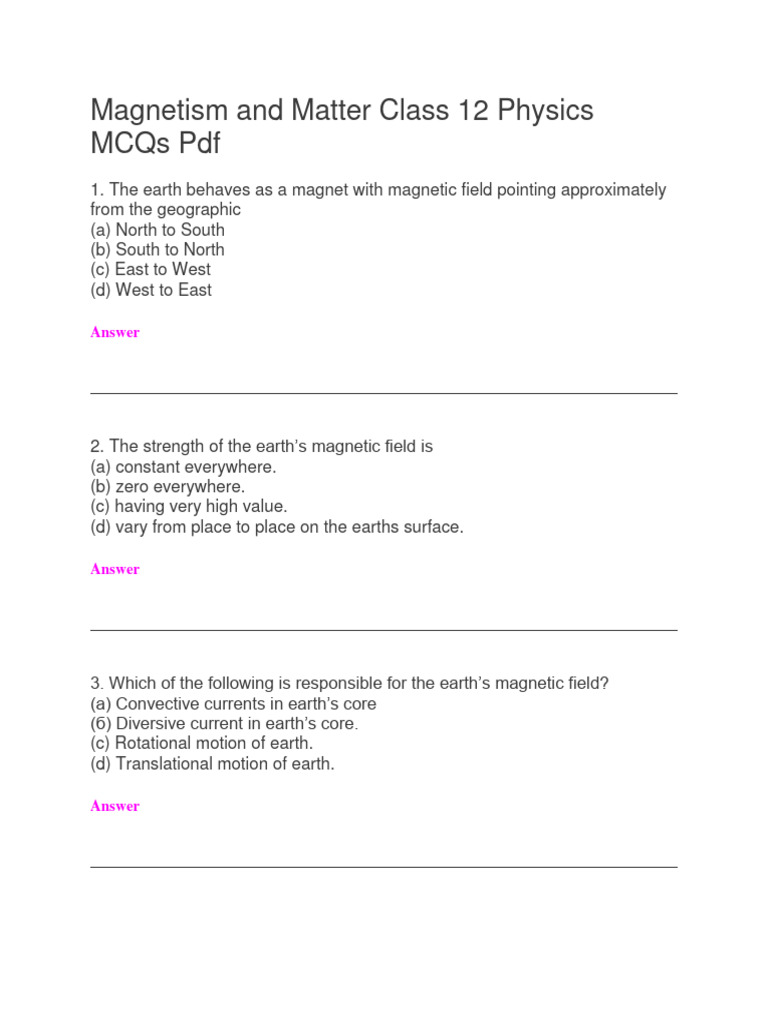 12 Physics MCQs (CH 5) NCRT | PDF | Ferromagnetism | Magnetic Field