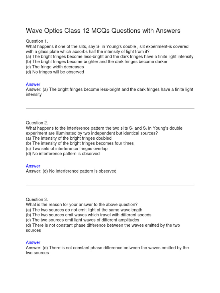 Class 12 Wave Optics MCQs | PDF | Diffraction | Light
