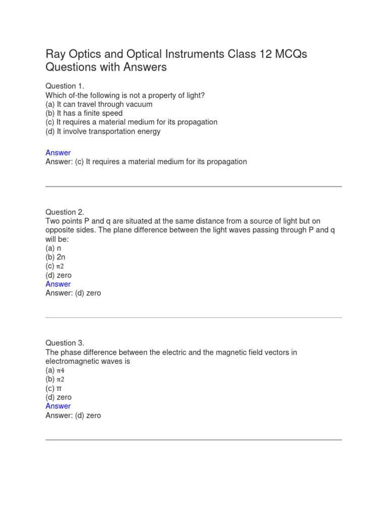 12th Physics MCQs (Ch 9) With Answers | PDF | Optics | Waves