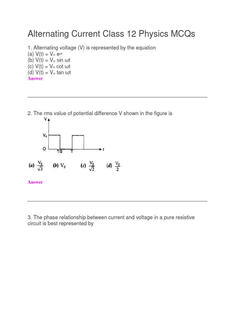 12th Physics MCQs (CH 7) NCRT | PDF | Inductor | Electrical Network