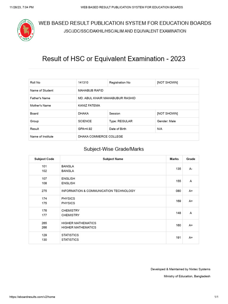 HSC Result | PDF | Schools | Vocational Education