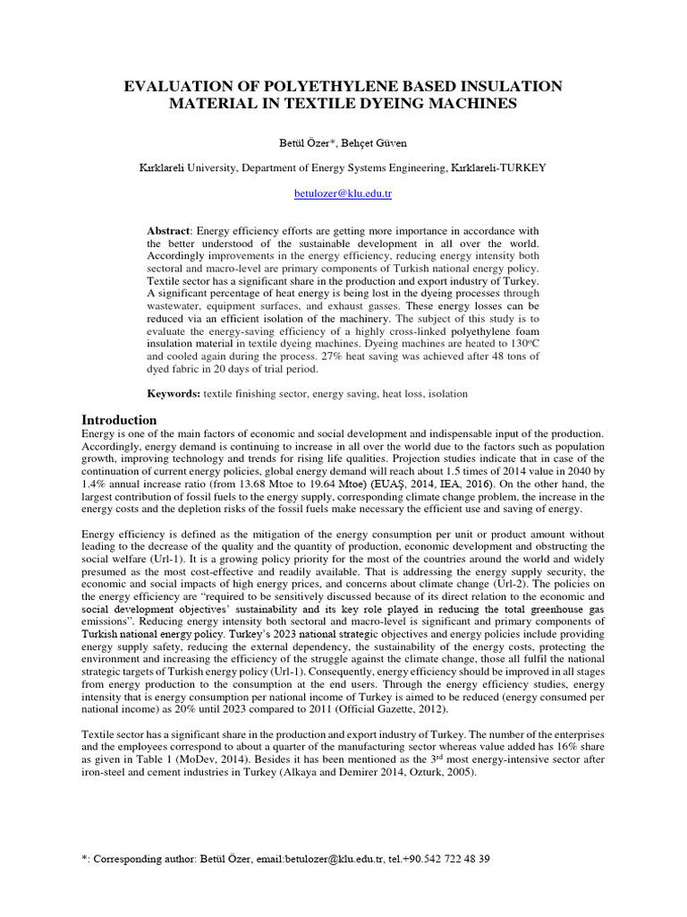 BOzer EVALUATION OF POLYETHYLENE BASED INSULATION MATERIAL IN TEXTILE DYEING MACHINES - Dergi ...