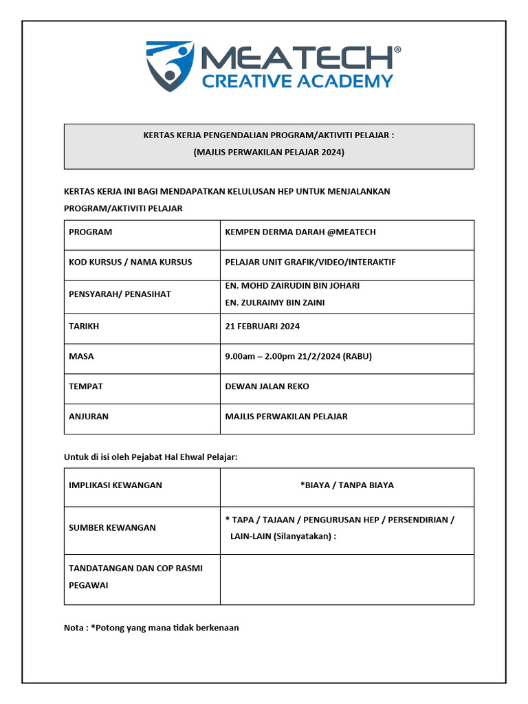 Kertas Kerja CSR KEMPEN DERMA DARAH @MEATECH | PDF