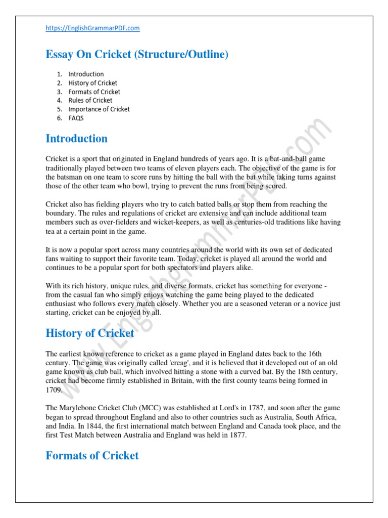 Essay On Cricket | PDF | Cricket | England Cricket Team
