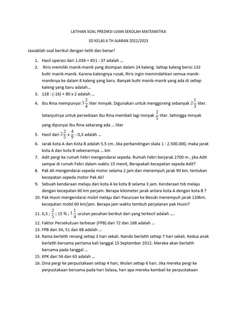 Latihan Soal Prediksi Ujian Sekolah Matematika Part 1 Pdf