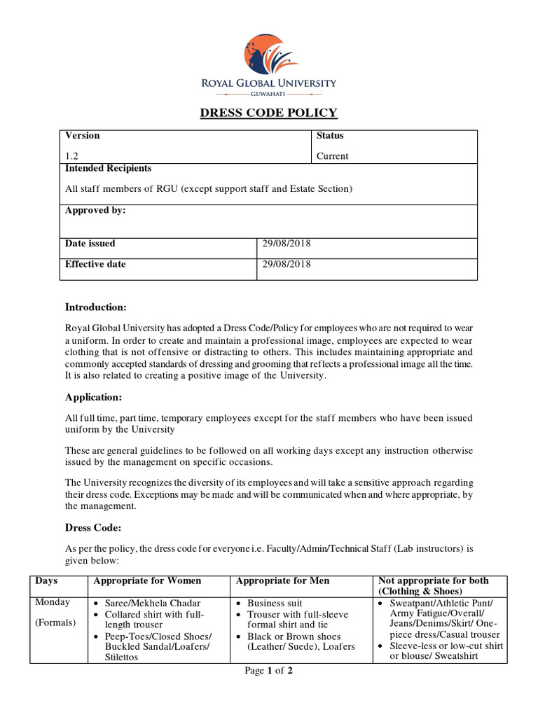Dress Code Policy | PDF | Trousers | Clothing