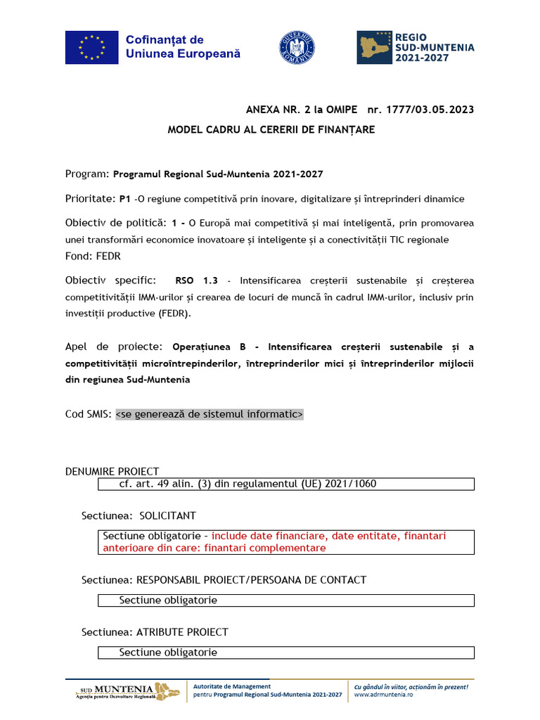 Anexa 1. - Cererea de Finantare | PDF