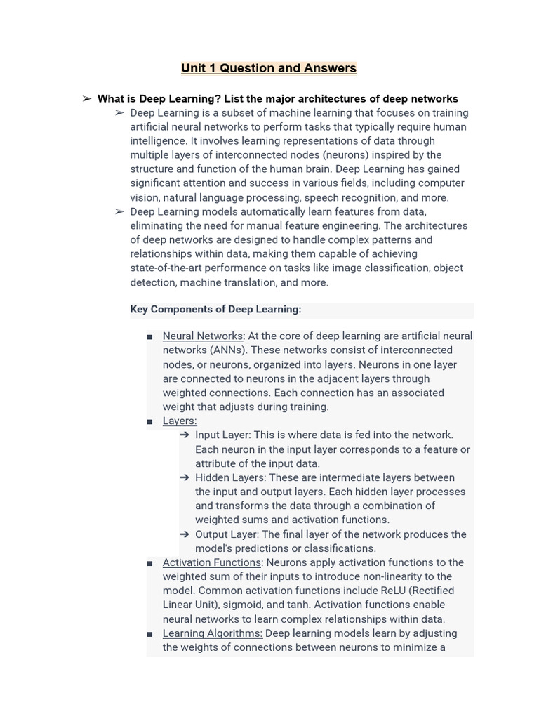 Unit 1 Question and Answers | PDF | Artificial Neural Network | Deep Learning