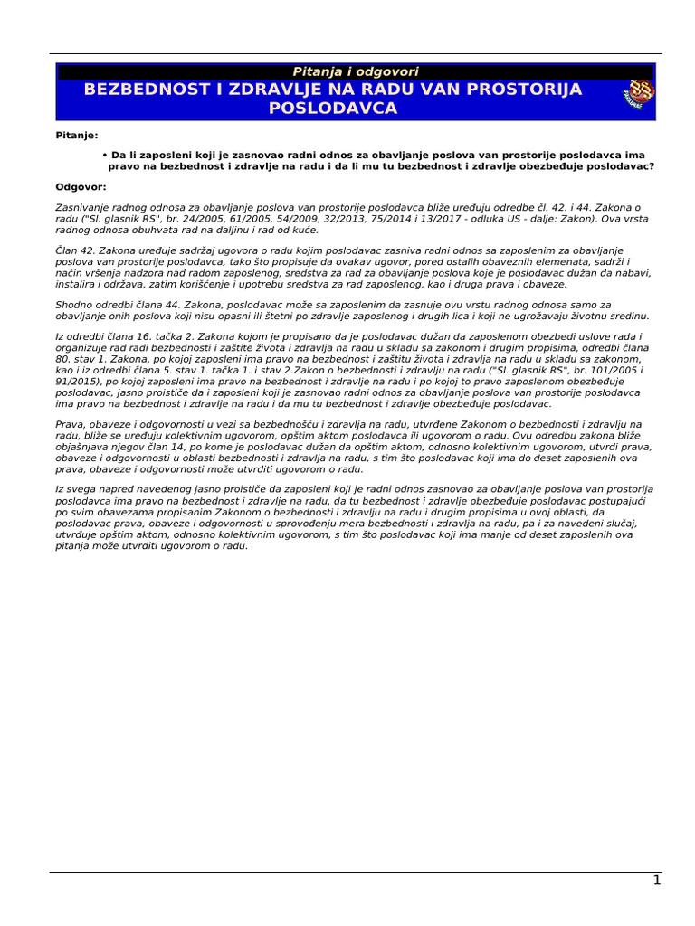 Pitanje I Odgovor Pravni Instruktor Bezbednost I Zdravlje Na Radu Van Prostorija Poslodavca | PDF