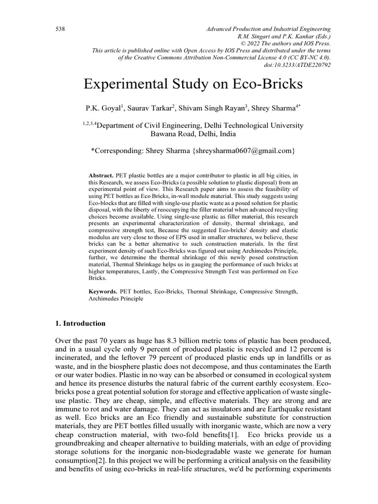 Eco-Bricks: Experimental Strength Study | PDF | Density | Secondary ...