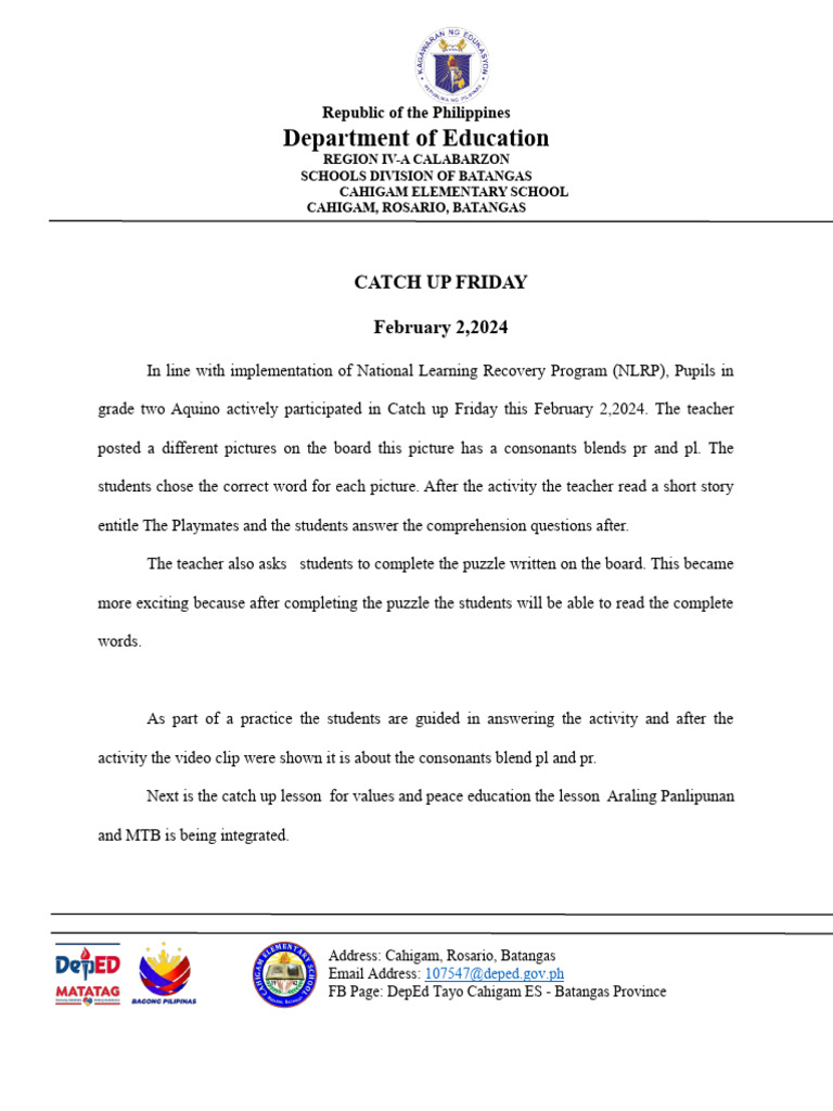 Catch Up Friday at Cahigam ES | PDF