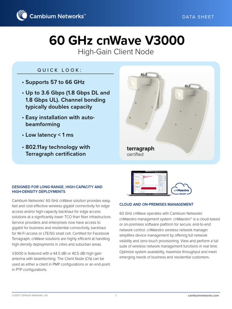Cambium Networks Data Sheet 60GHz CnWave V3000 | PDF | Wireless | Wi Fi