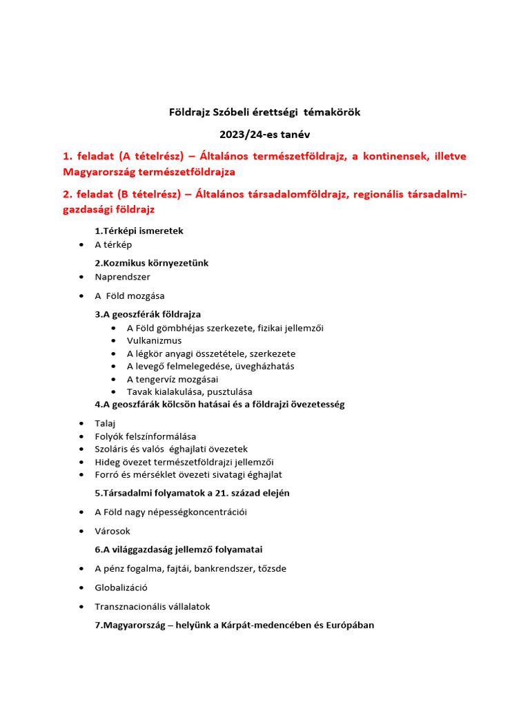 Földrajz Témakörök Szóbeli Érettségi | PDF