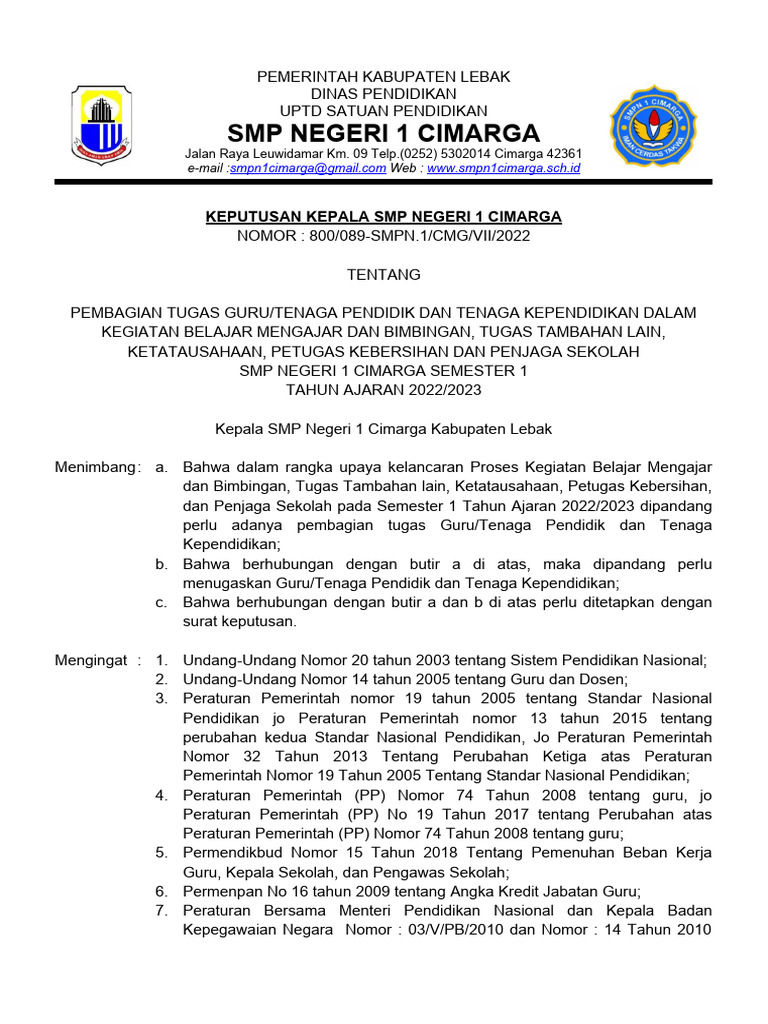 SK Pembagian Tugas SMPN 1 Cimarga 2022-2023 (PTK Baru) | PDF