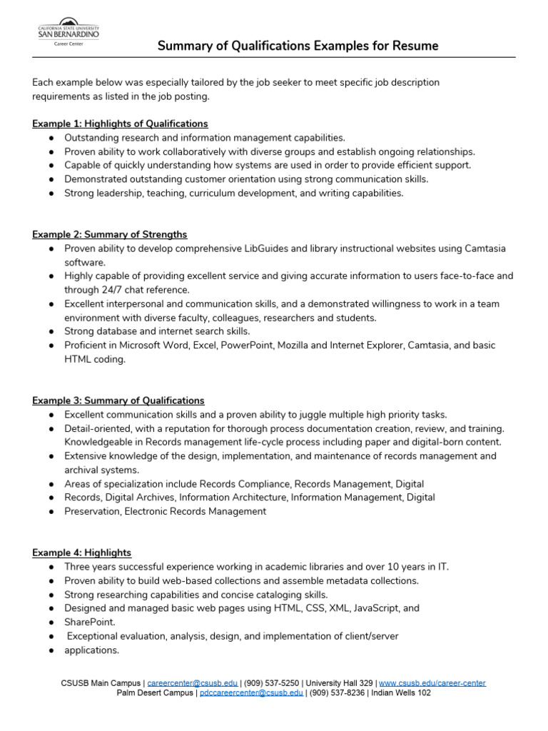 Summary of Qualifications Handout - CC Template - Docx - 0 | PDF ...