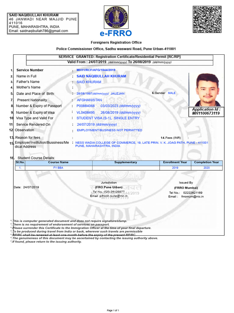 Foreign Registration Certificate Pune | PDF | Travel Visa | Passport