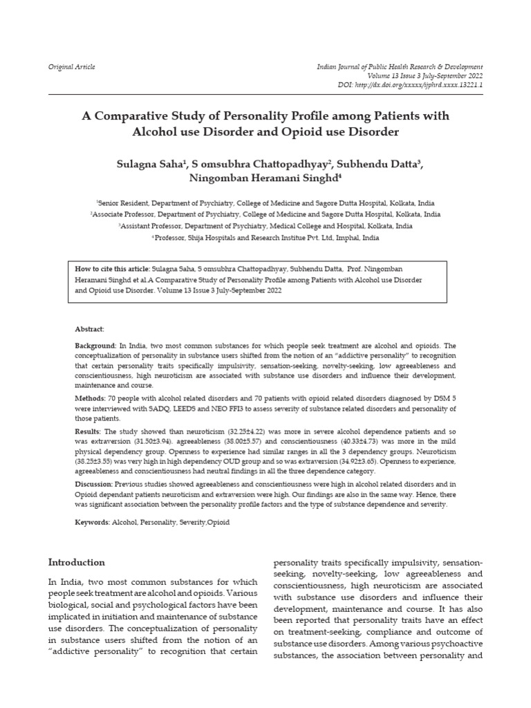 A Comparative Study of Personality Profile Among Patients With Alcohol Use Disorder and Opioid ...