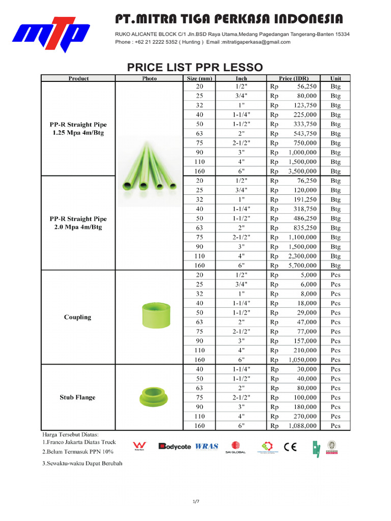 Pricelist PPR Pipa Lesso | PDF