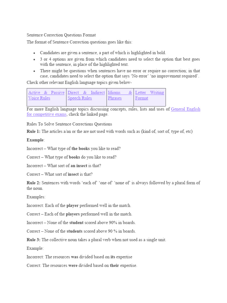 Sentence Correction Questions Format | PDF | Grammatical Tense | Semantic Units