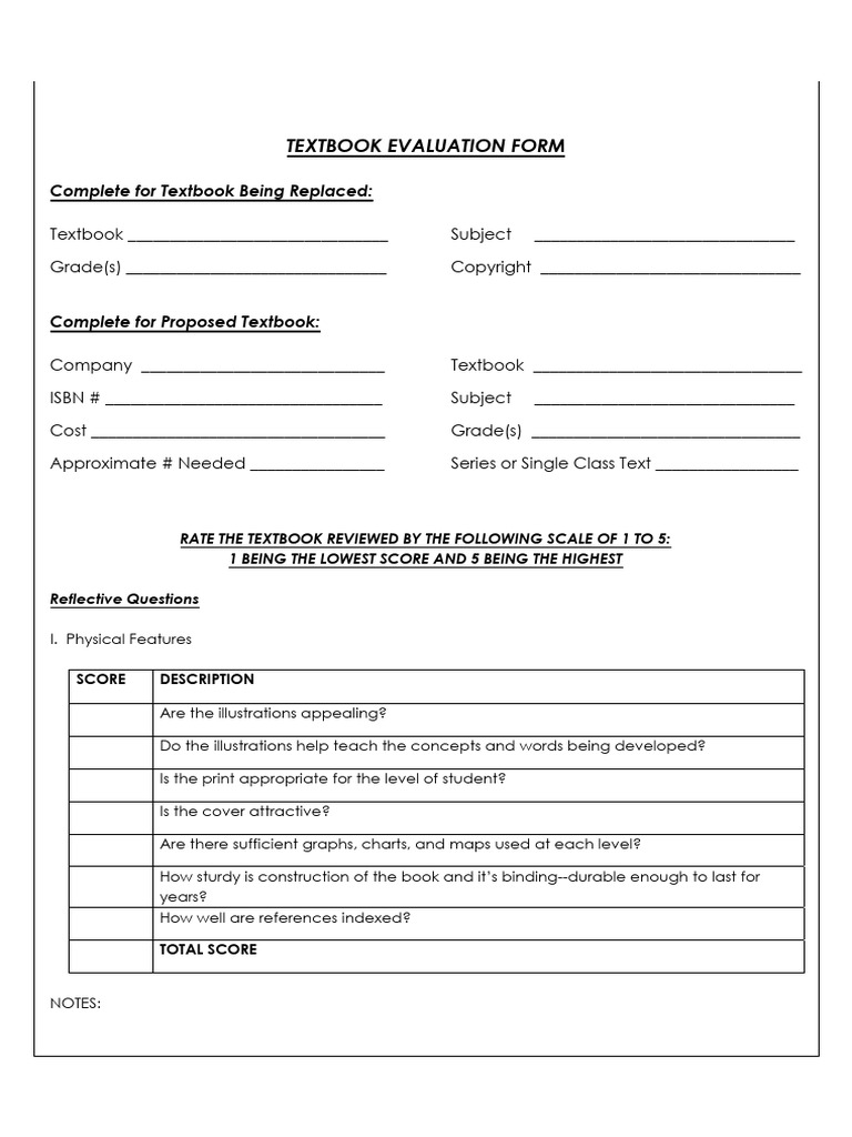 Textbook Evaluation Form Sample | PDF | Textbook | Teachers