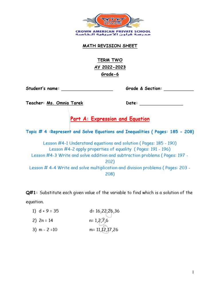 Revision Gr-6 Math | PDF | Area | Equations