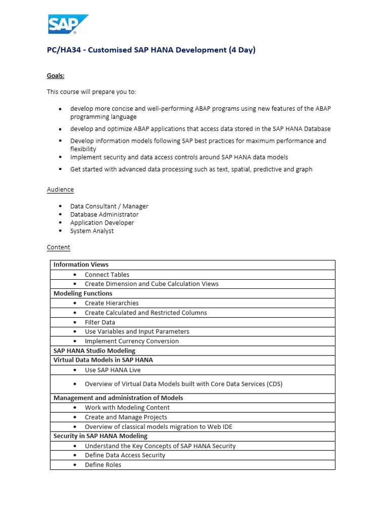 Sap Training PC HA34 Customised SAP HANA Development 4days | PDF | Databases | Information ...