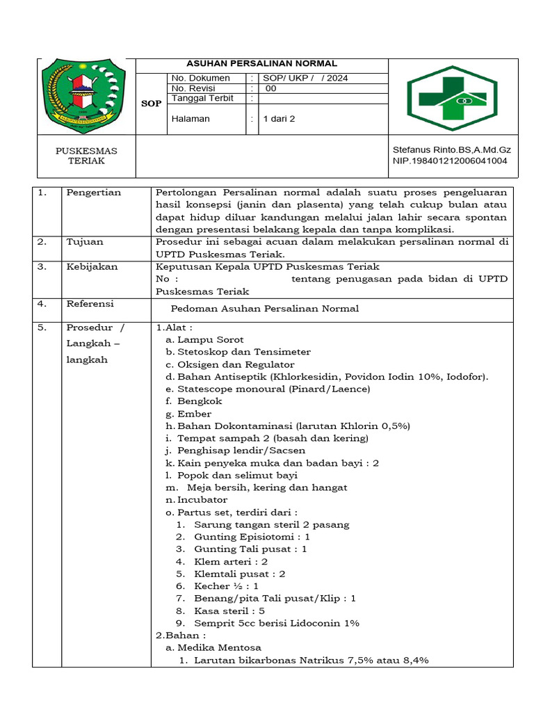 SOP Persalinan Normal | PDF