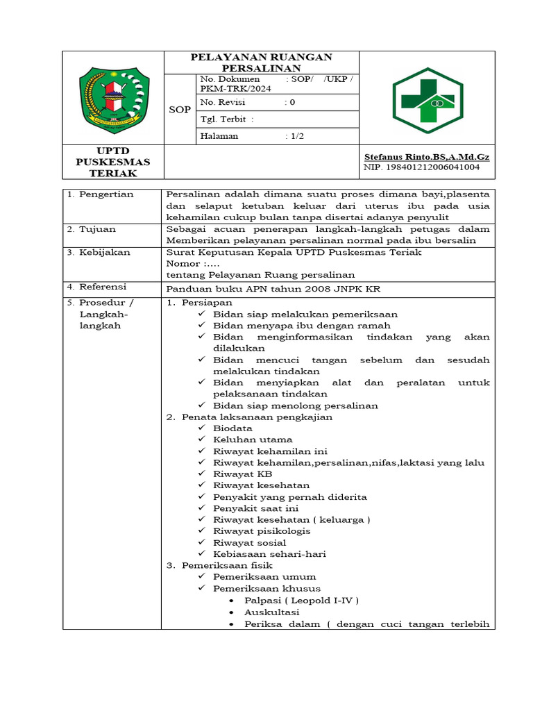 SOP - Pelayanan Ruang Persalinan | PDF | Pengembangan Diri | Kesehatan ...