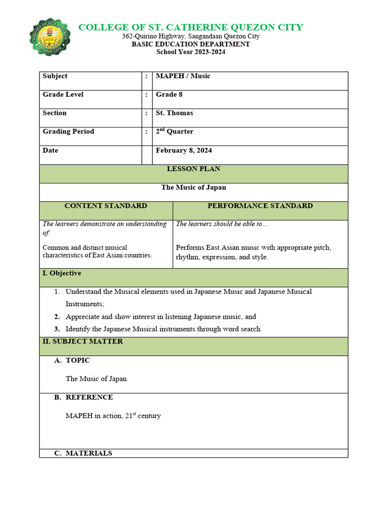 GRADE 8 Music in Japan Lesson Plan | Download Free PDF | Rhythm ...