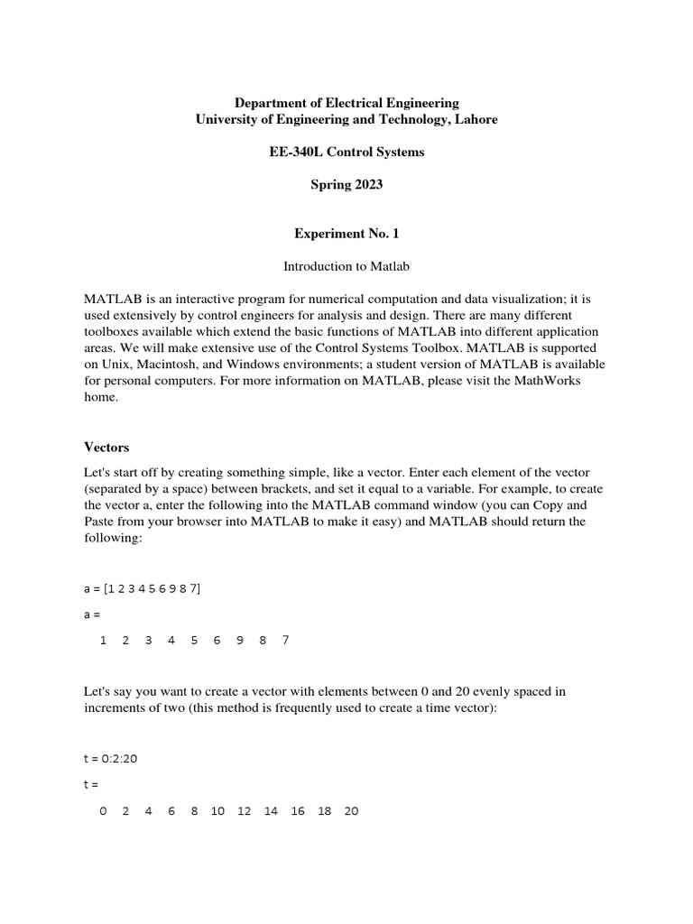 Experiment 1 | Download Free PDF | Matlab | Matrix (Mathematics)
