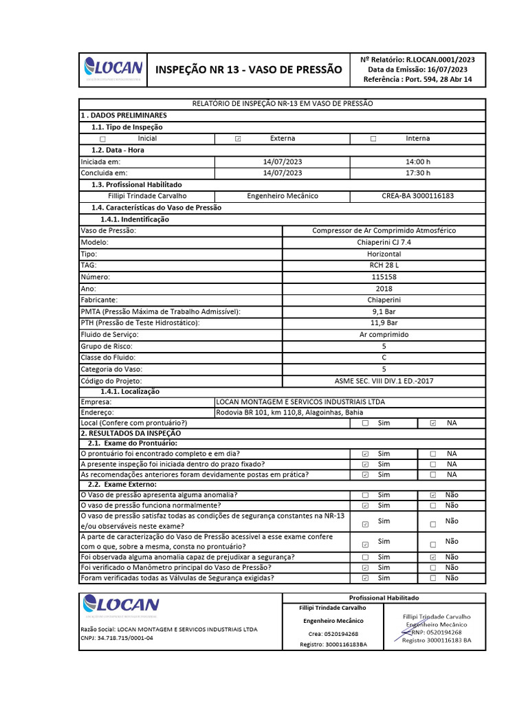 Relatório NR13 | Download grátis PDF | Pressão | Engenharia Mecânica
