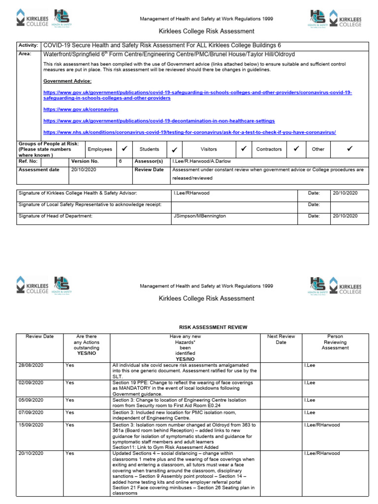 COVID Secure Risk Assessment Kirklees College 6 | PDF | Personal ...