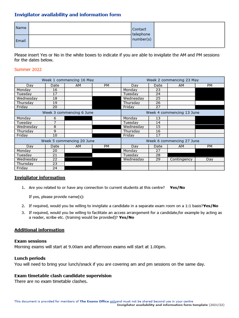 Summer 21 22 Invigilator Availability and Information Form Template | PDF