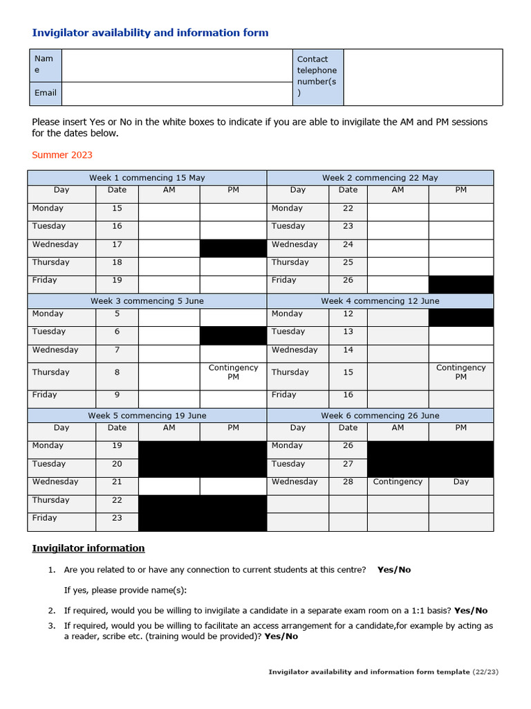 Summer 22 23 Invigilator Availability and Information Form Template | PDF