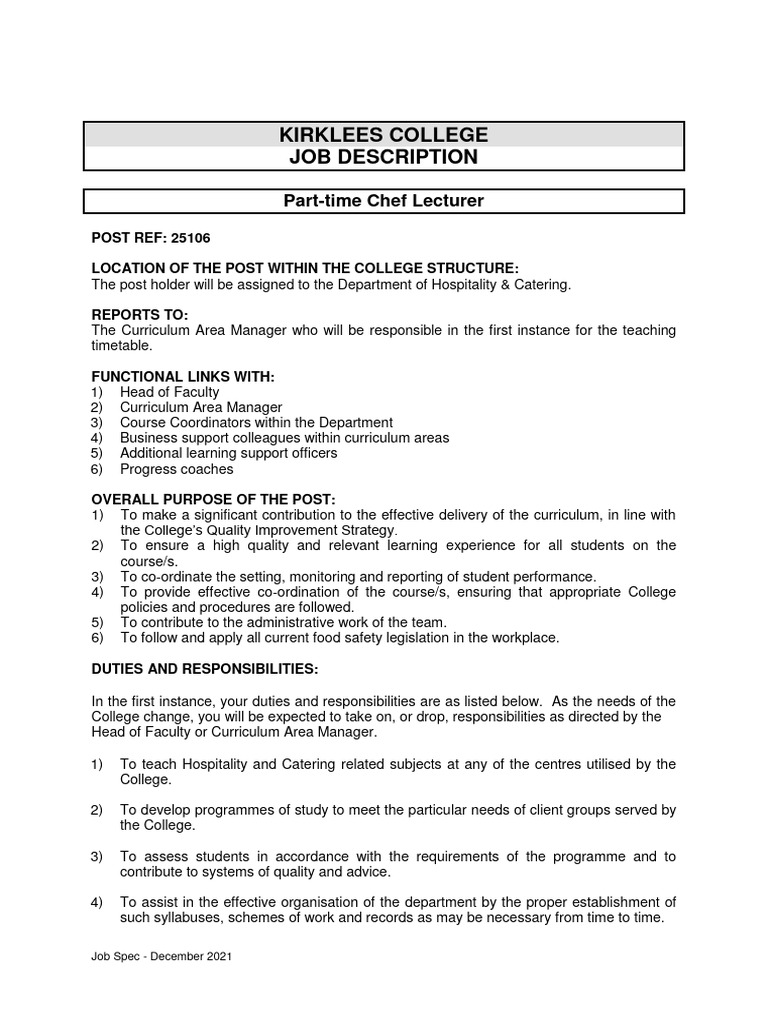 Part-time Chef Lecturer Job Description | PDF | Learning | Curriculum
